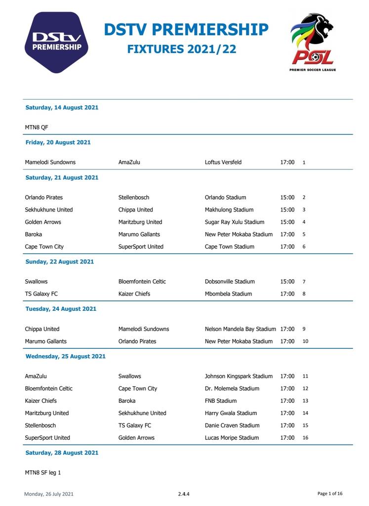 SA PSL announces fixtures for the 2021/22 season - Soccer24